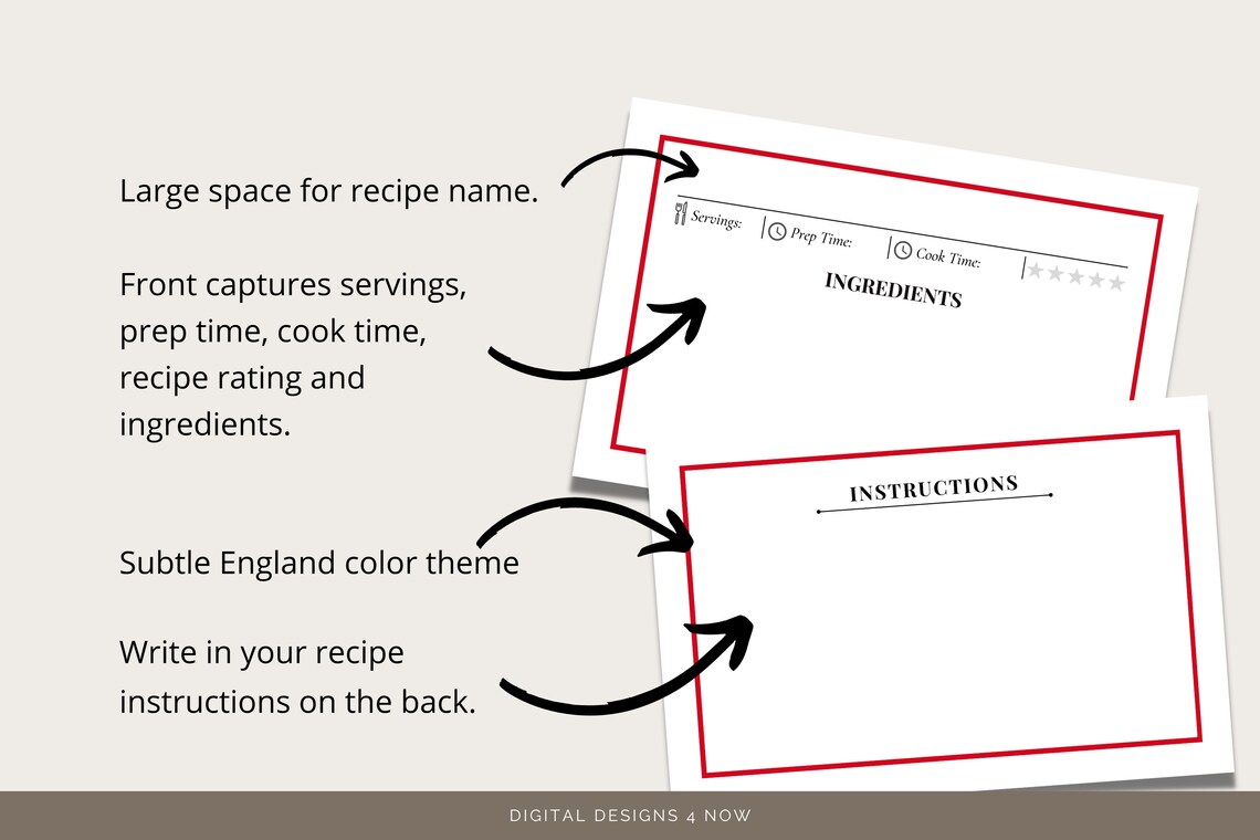 England Recipe Card Template, Minimalist Recipe Printable, DIY Recipe ...