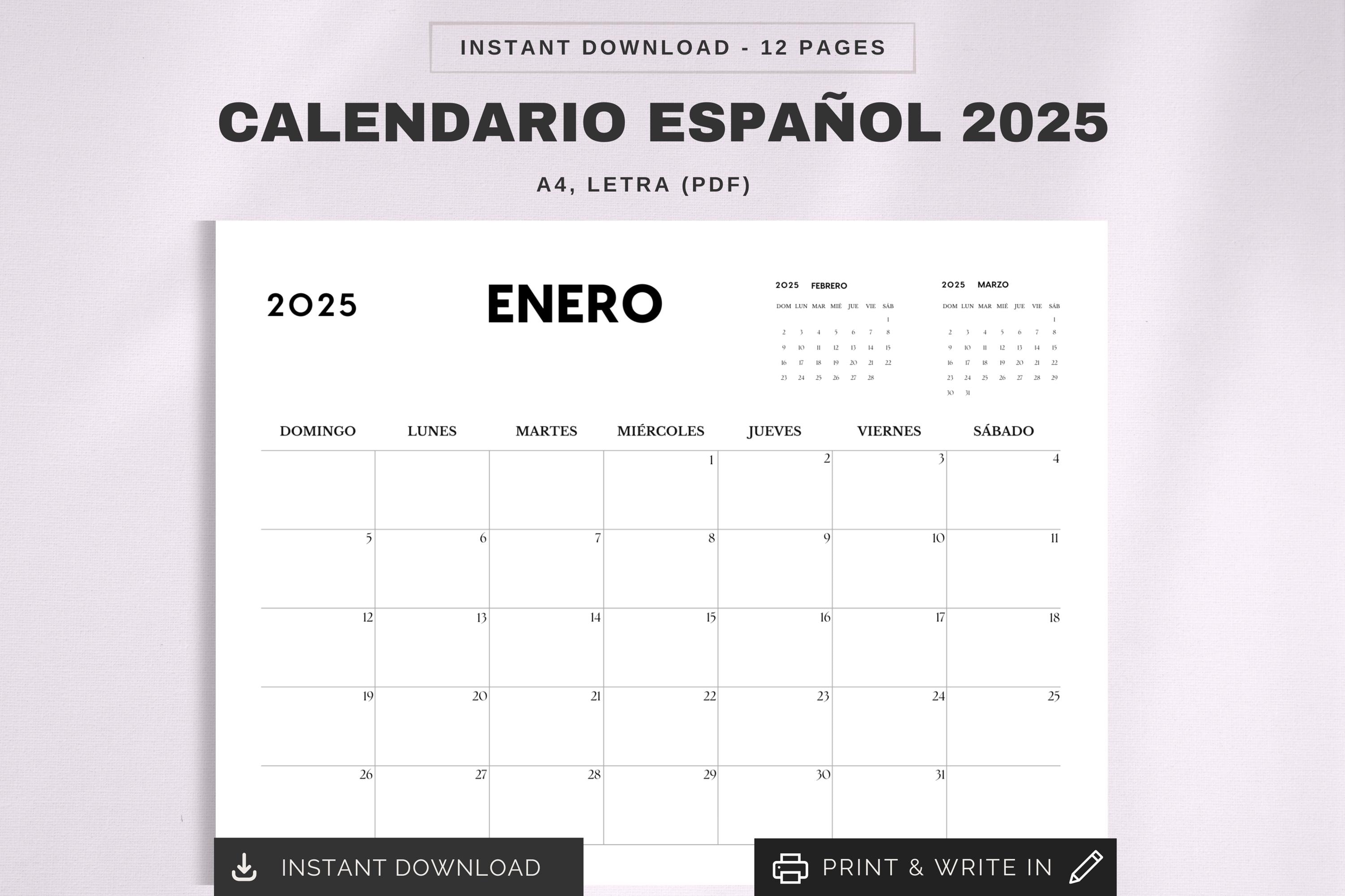 Calendario 2025 Imprimible | Printable 2025 Spanish Calendar | Letra ...