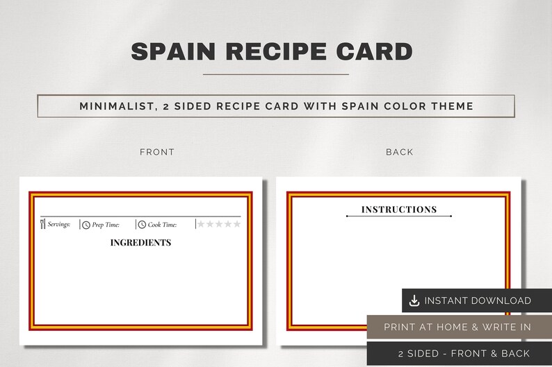 Spain Recipe Card Template, Minimalist Recipe Printable, DIY Recipe ...