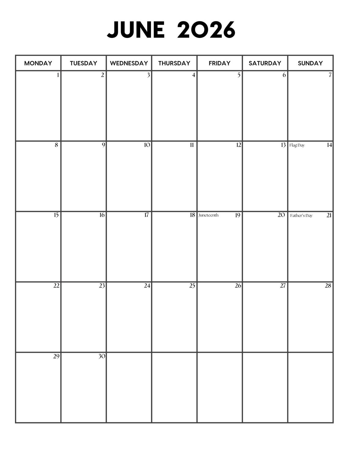 2026 June Portrait Calendar With Holidays | June Calendar Printable ...