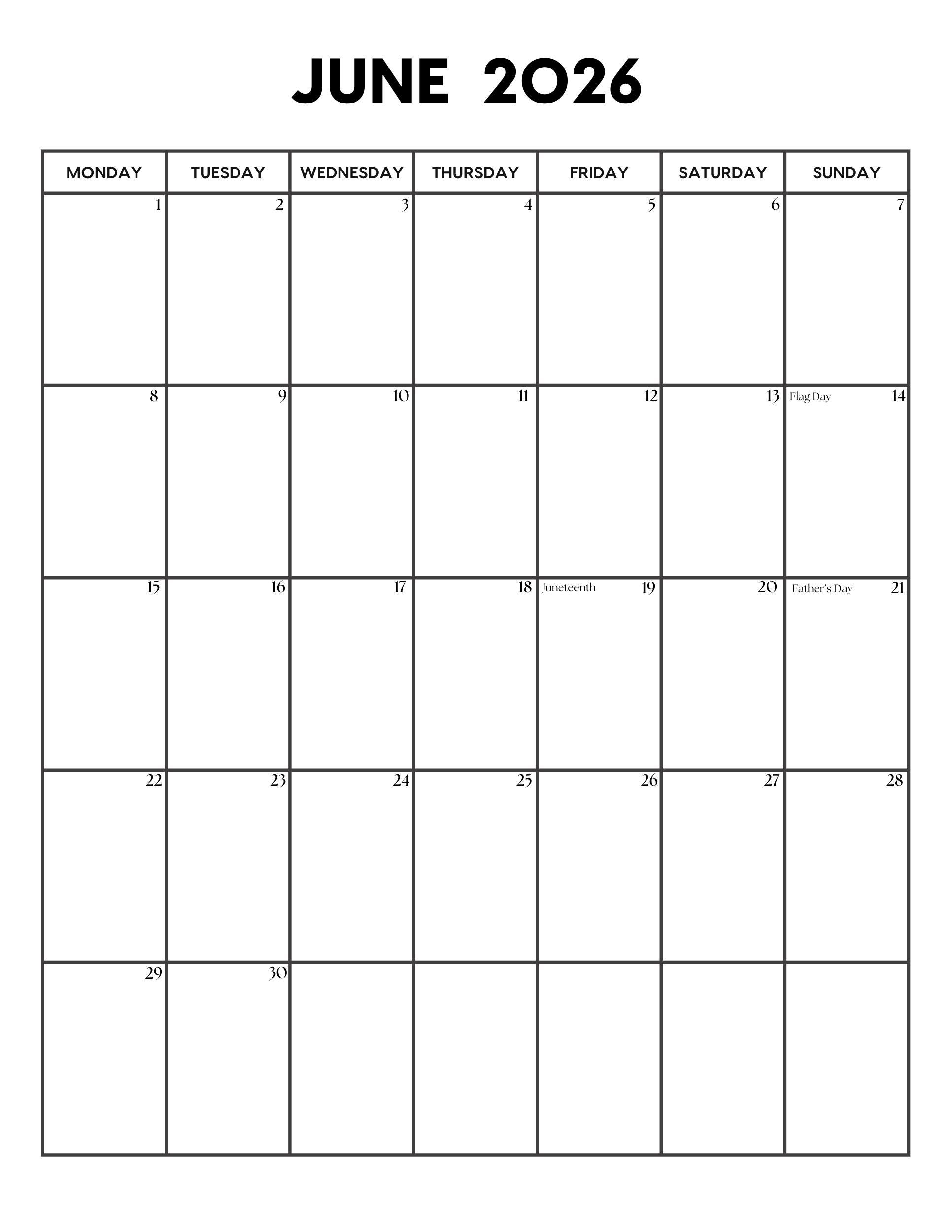 2026 June Portrait Calendar With Holidays | June Calendar Printable ...