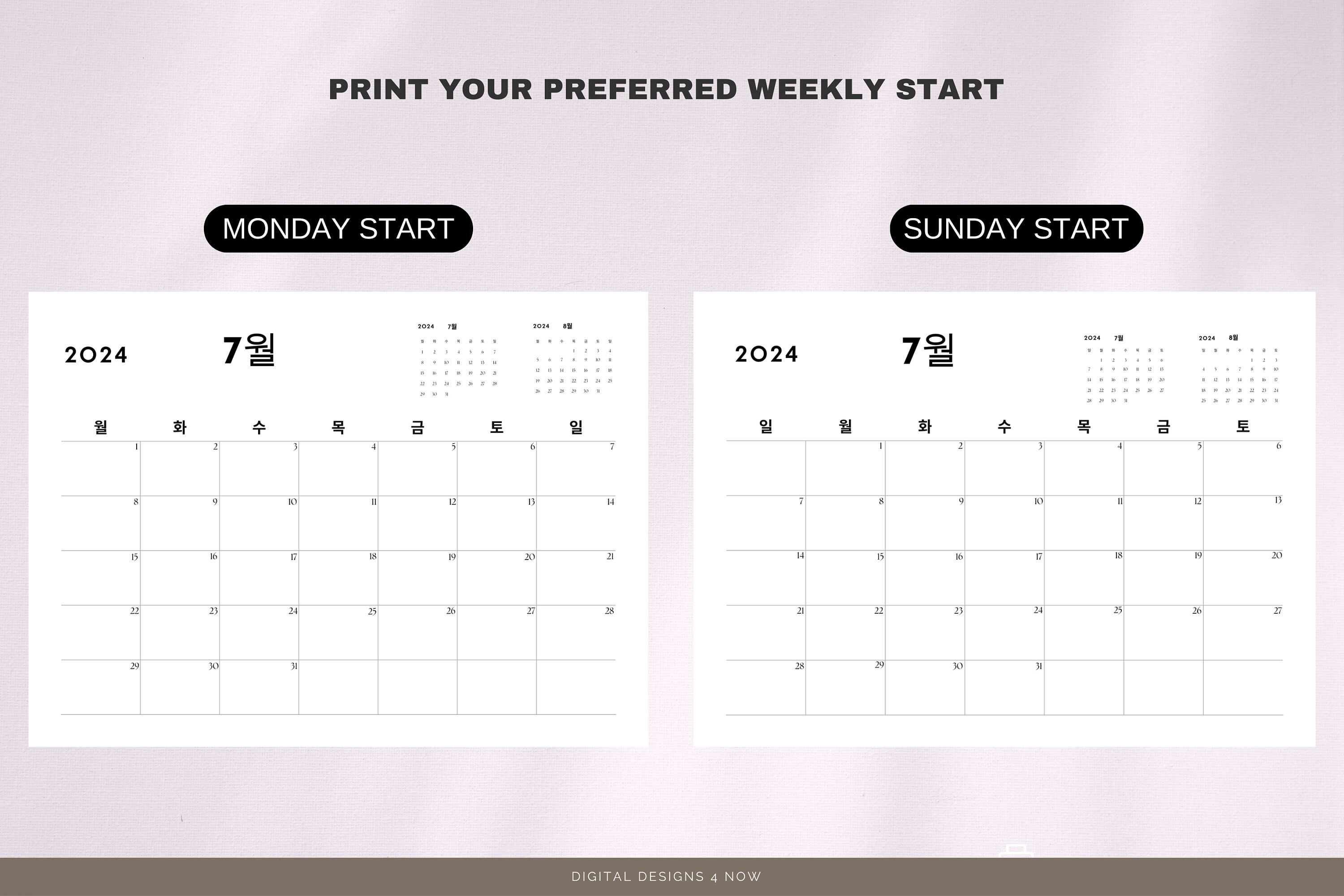 Korean 2024 Calendar Printable 2024년 한국 달력 2024 Calendar in Korean ...