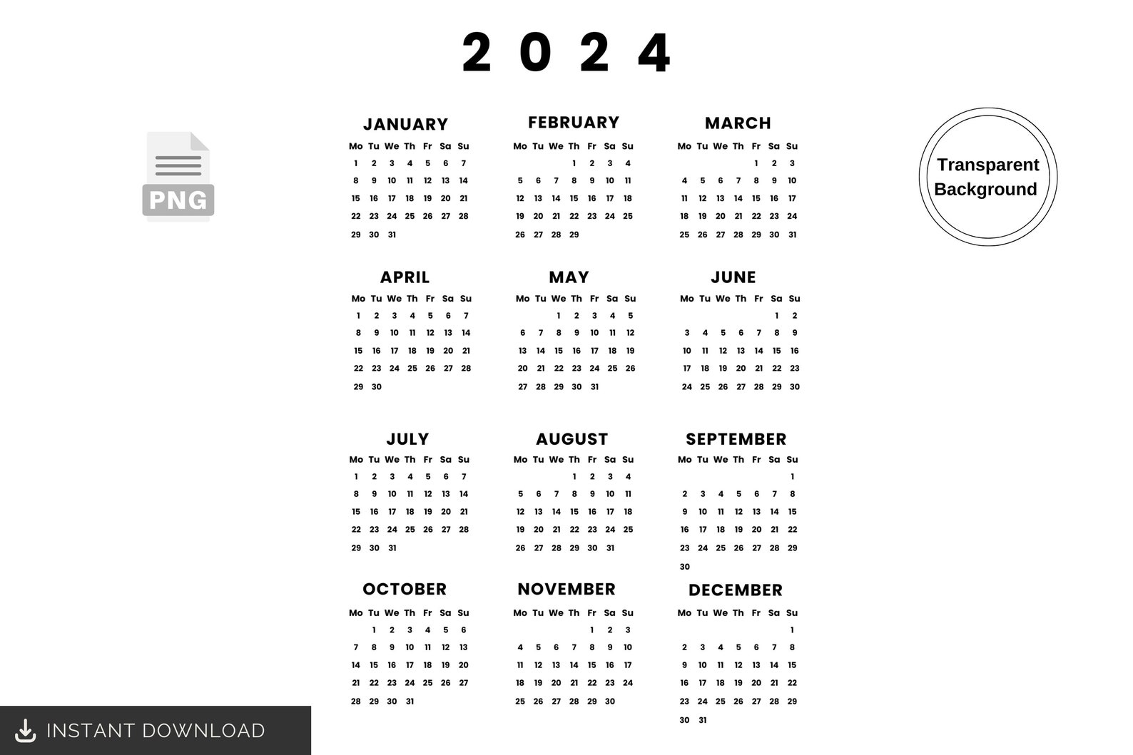 Digital Calendar 2024 Transparent Background Calendar Design Printable ...