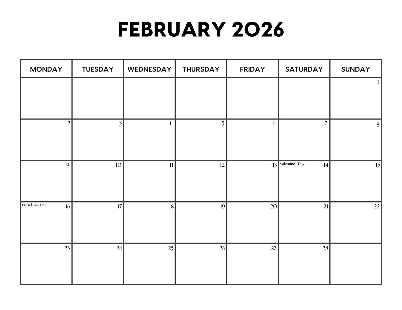2026 February Calendar With Holidays | February Calendar Printable ...