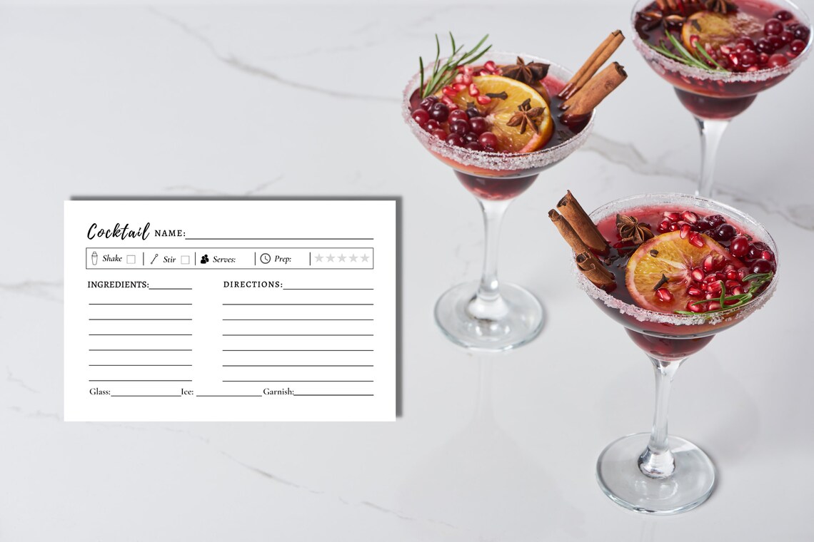 Cocktail Recipe Card Printable, Drink Recipe Card Template, Cocktail ...
