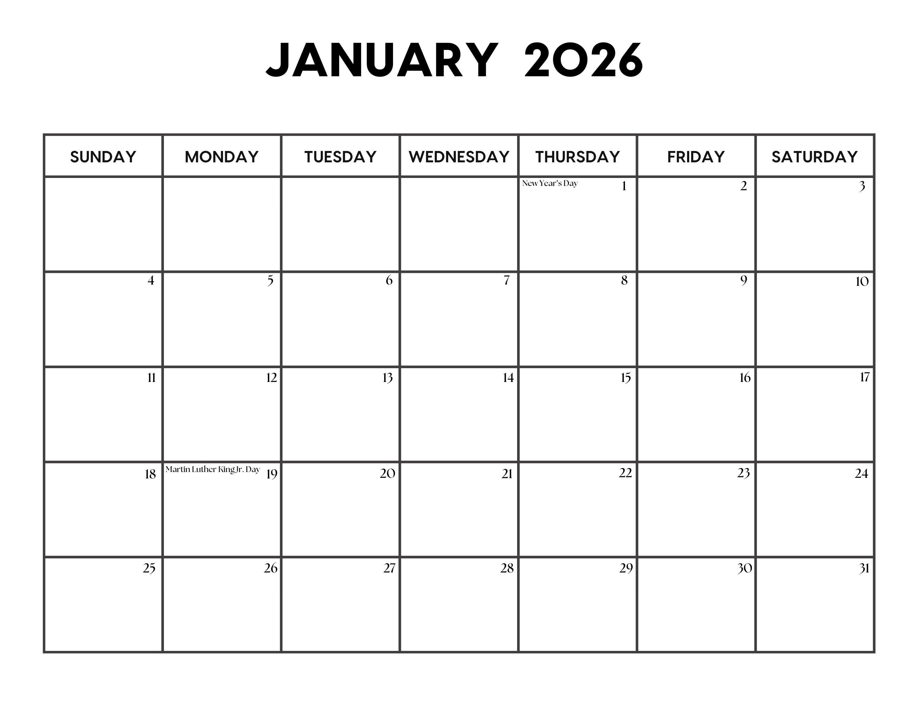 2026 January Calendar With Holidays | January Calendar Printable ...