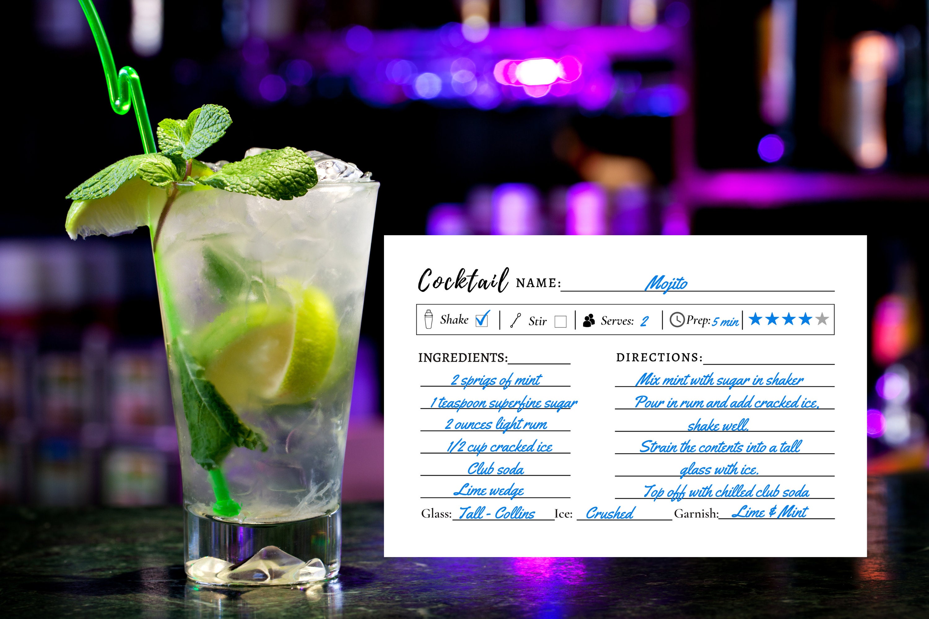 Cocktail Recipe Card Printable, Drink Recipe Card Template, Cocktail ...