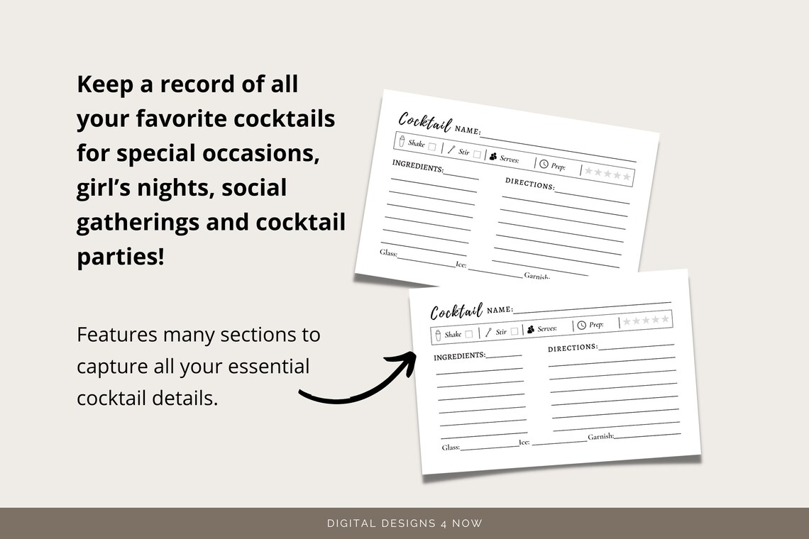 Cocktail Recipe Card Printable, Drink Recipe Card Template, Cocktail ...