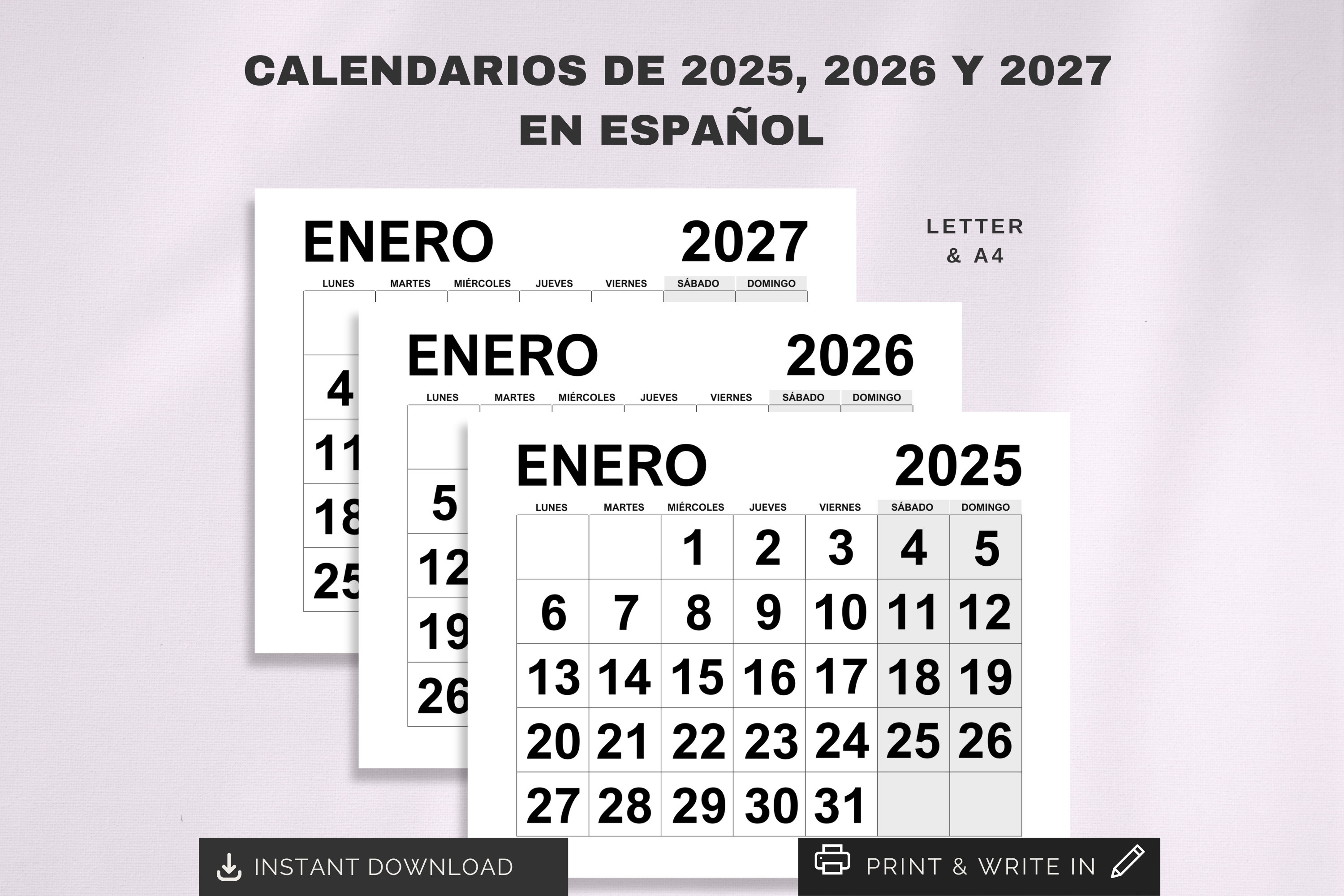Calendarios 2025, 2026 y 2027 en Español | Printable 2025, 2026 & 2027 ...