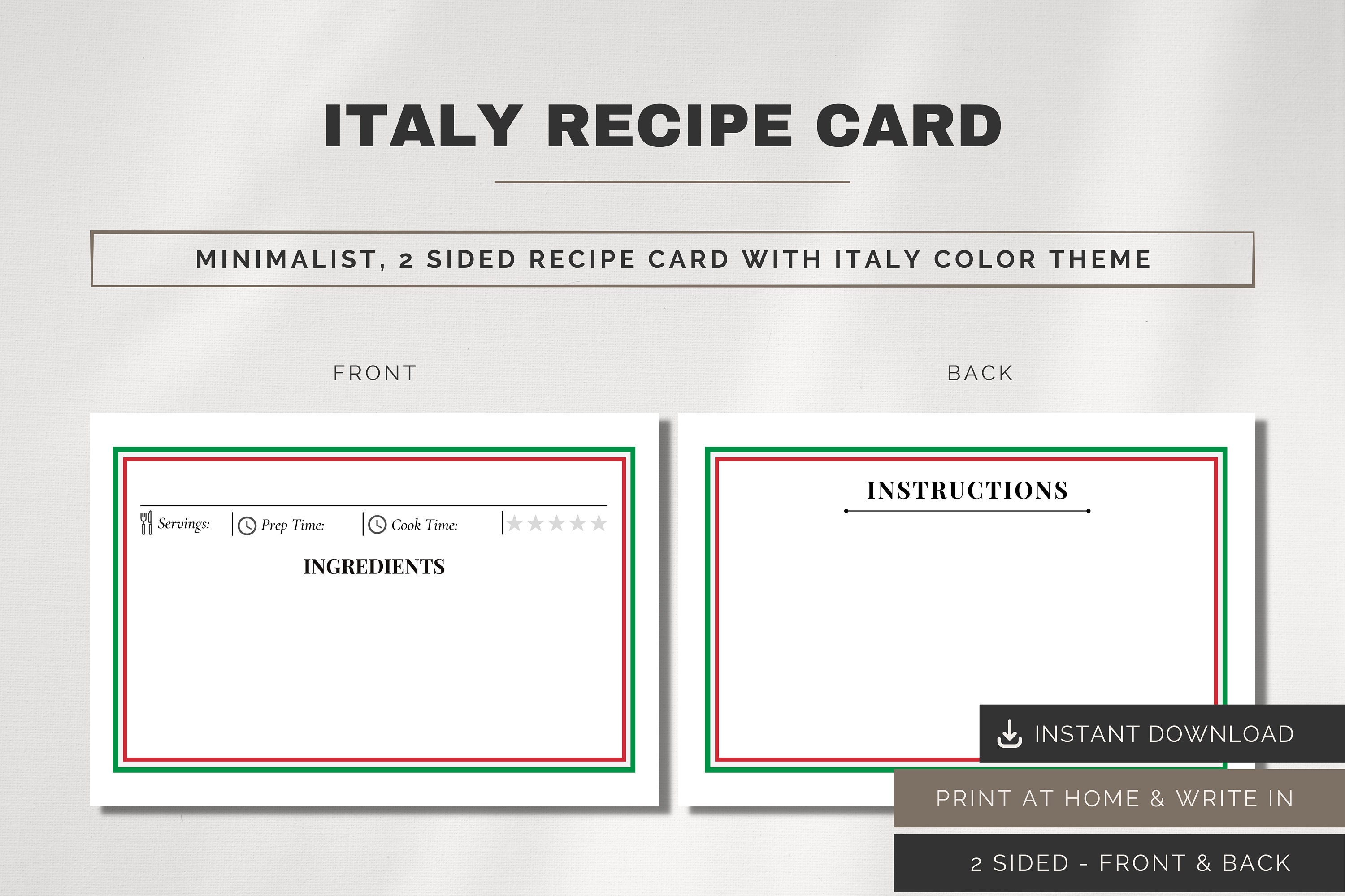 Italy Recipe Card Template, Minimalist Recipe Printable, DIY Recipe ...