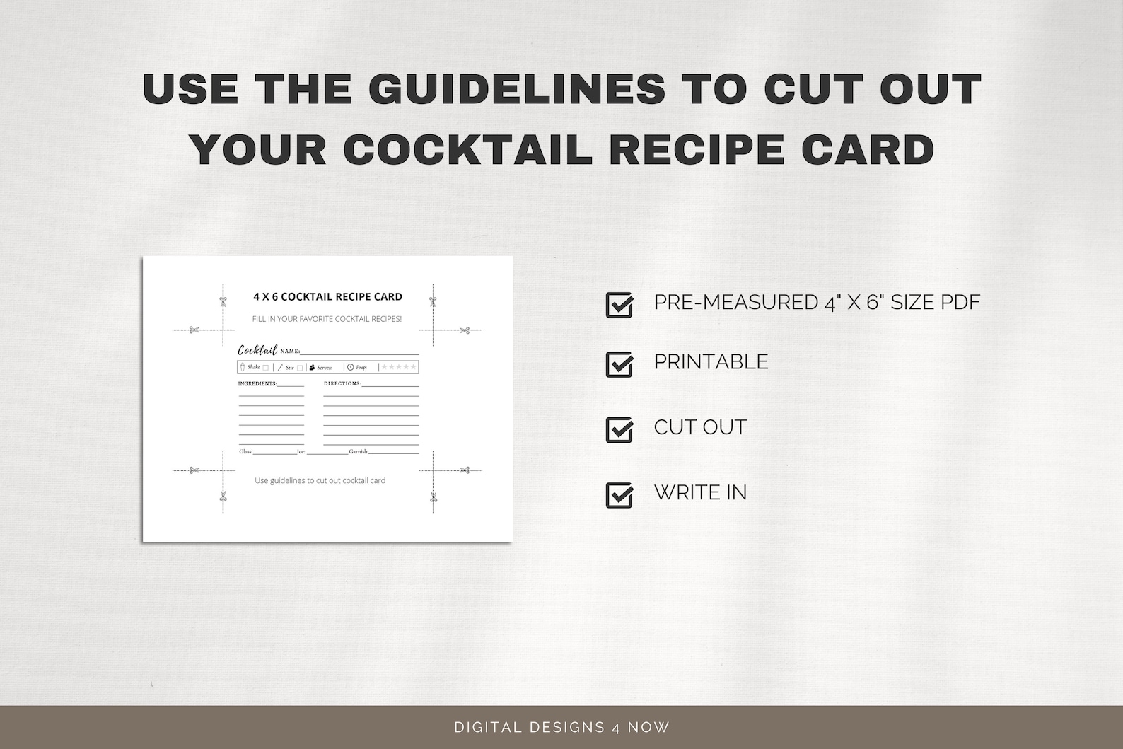 Cocktail Recipe Card Printable, Drink Recipe Card Template, Cocktail ...
