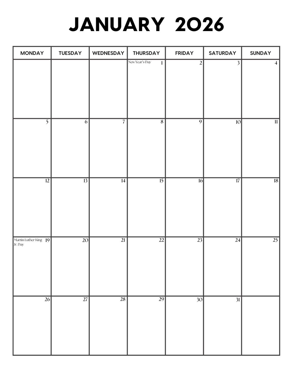 2026 January Calendar With Holidays | January Calendar Printable ...
