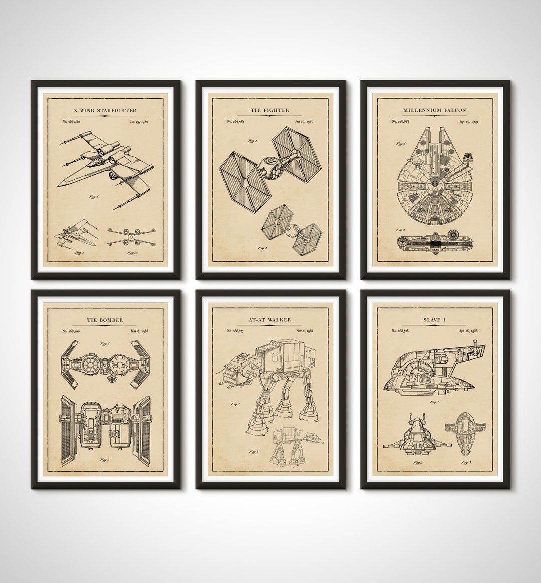 Star Wars Spaceship Blueprint Poster: Millennium Falcon, X-wing, Tie ...