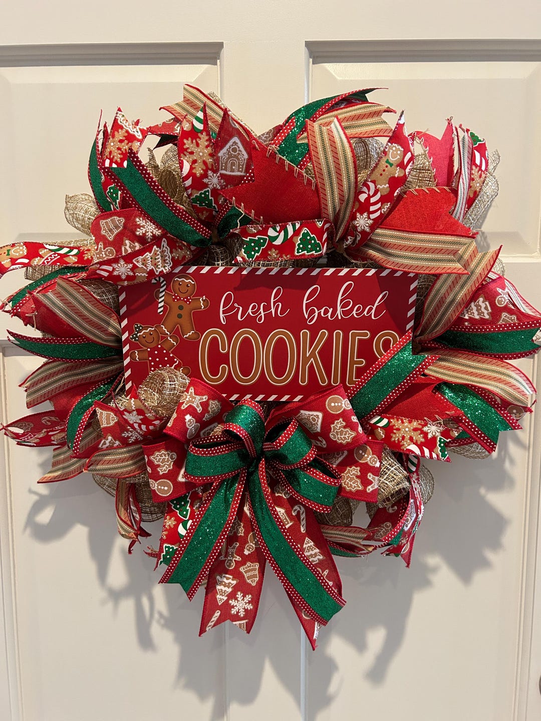 Gingerbread Cookie Christmas Wreath: Red, White & Green Ribbon Decor - Etsy