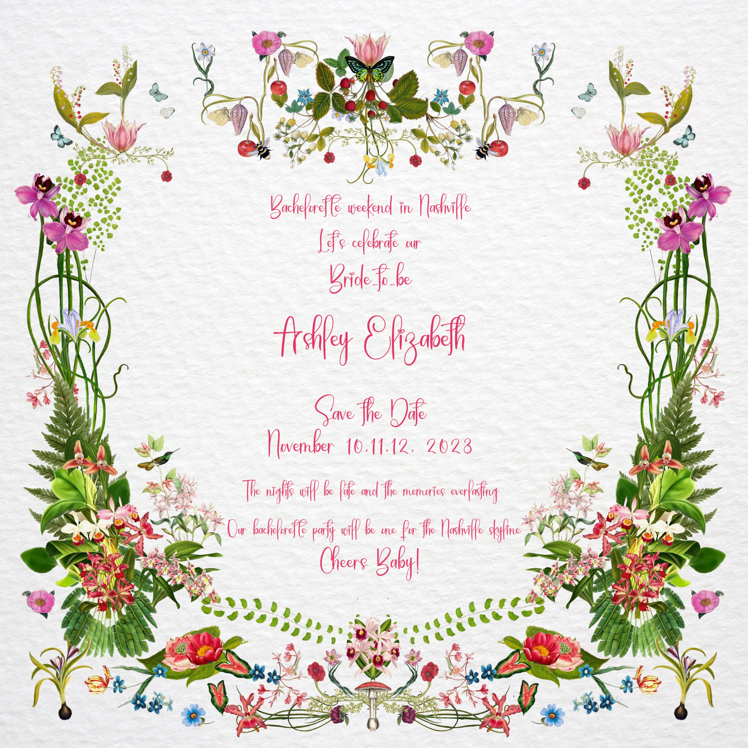 Blank Invitations Floral Garden of Butterflies & Birds With a Pink ...