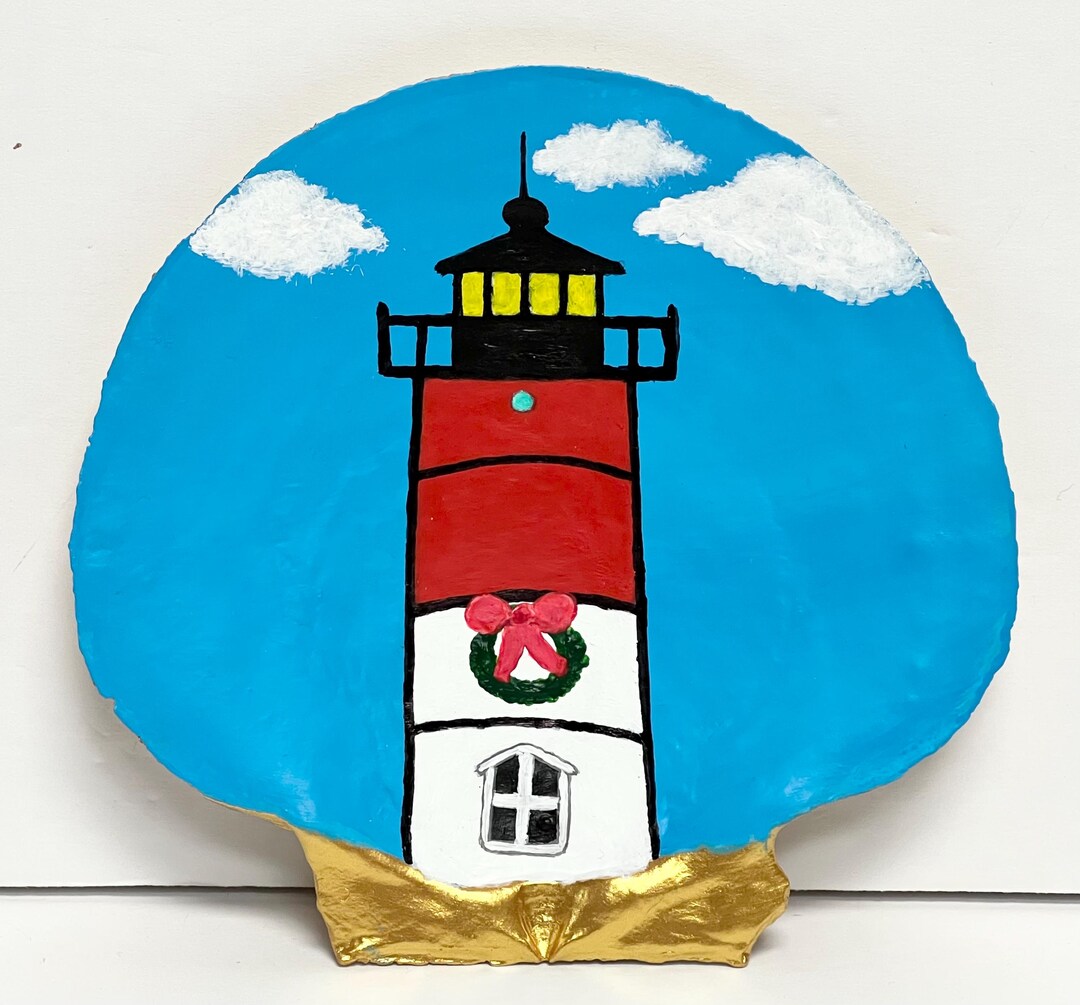 Shell Art: Painting of Nauset Lighthouse With A Christmas Wreath - Etsy