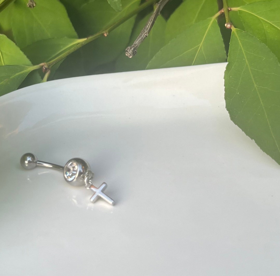 Silver Cross Belly Ring, Belly Button Rings Dainty, Dangly Belly Button ...