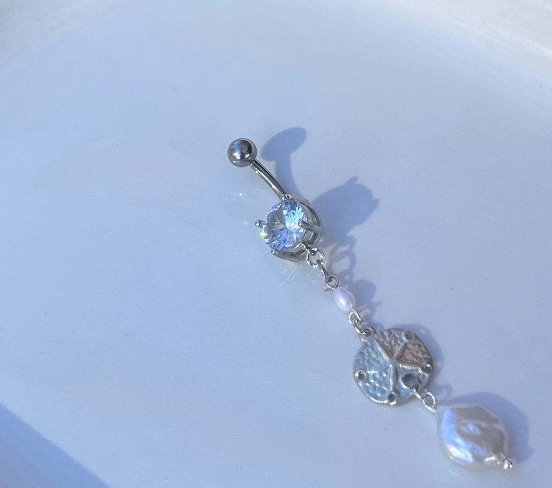 Titanium Pearl Belly Ring, Sanddollar Charm, Mermaid Inspired Dangly ...