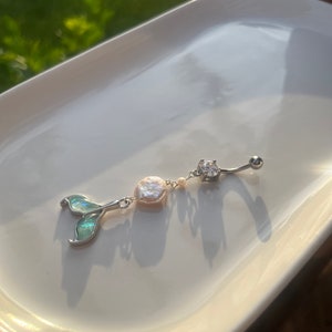 Crystal Pearl Mermaid Belly Ring, 14g Surgical Steel, Pearl Belly ...