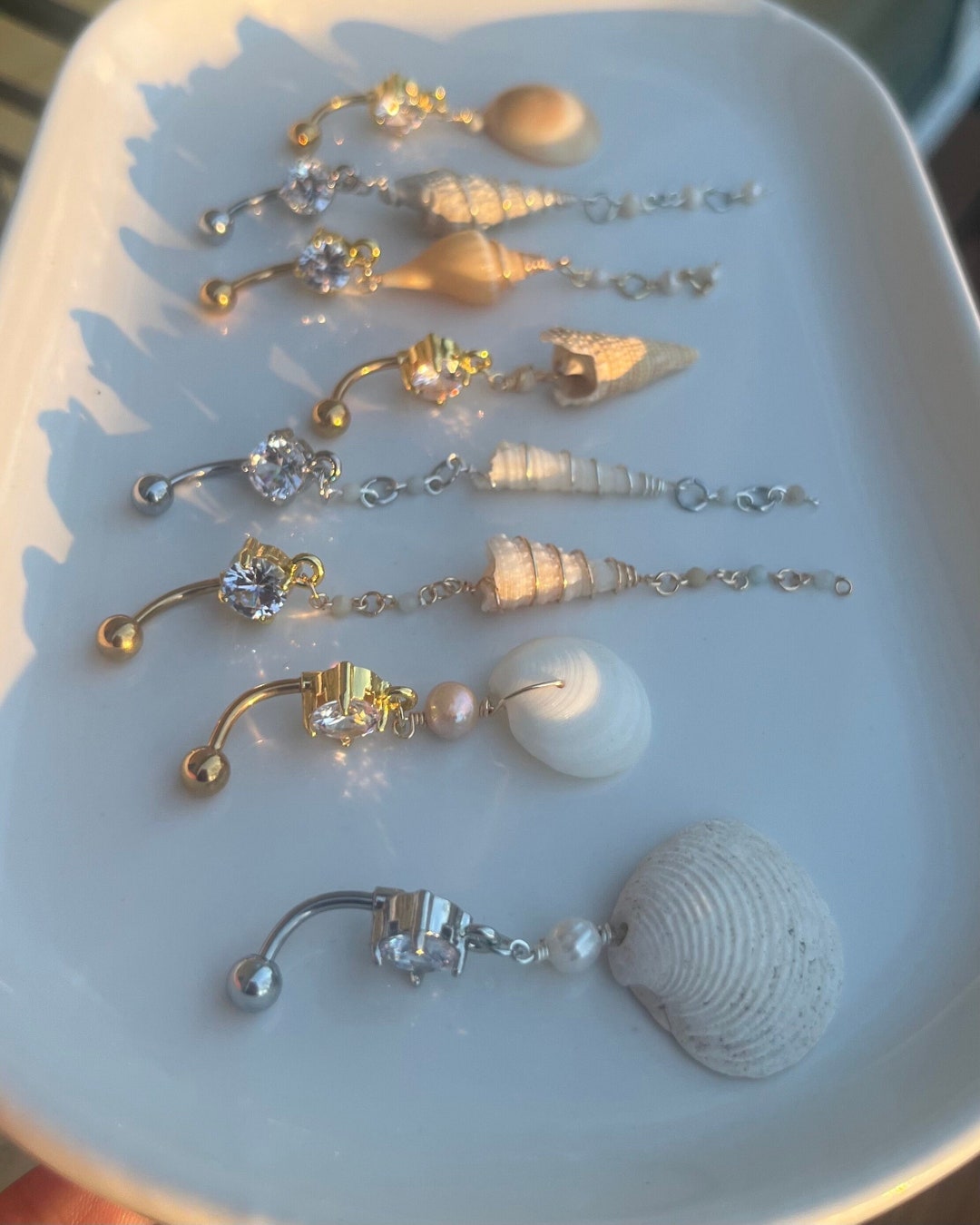 Unique Shell Belly Ring, Dainty, Dangly, Crystal Pearl Belly Button ...