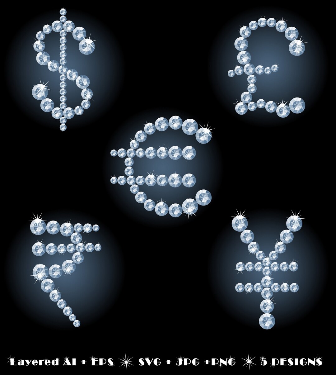 Vector Diamond Money Signs Collection: Dollar, Pound, Euro, Rupee, Yen ...