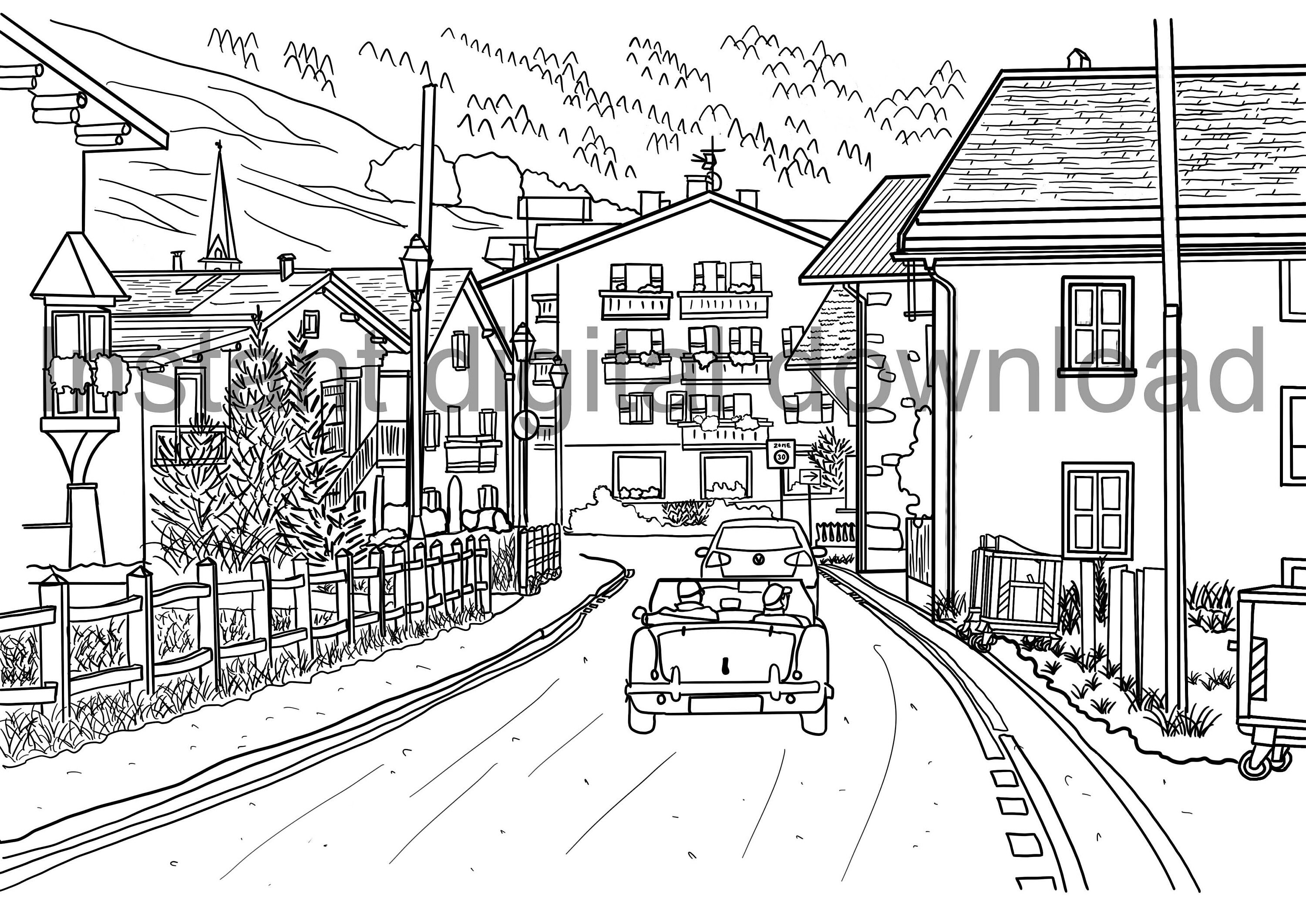 Town Printable Coloring Page Line-art Illustration - Etsy