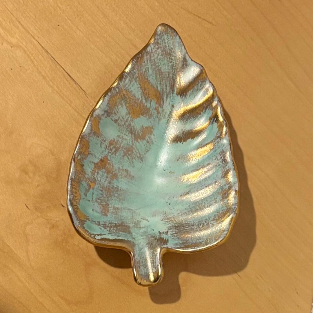 Vintage Stangl Pottery Leaf Dish: MCM Gold & Aqua Trinket Tray - Etsy