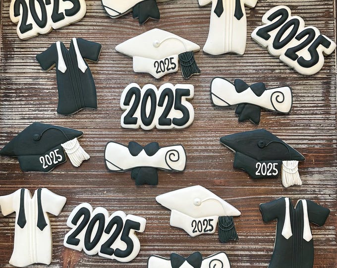 Graduation 2025 Sugar Cookies With Royal Icing by the Dozen, Gowns ...