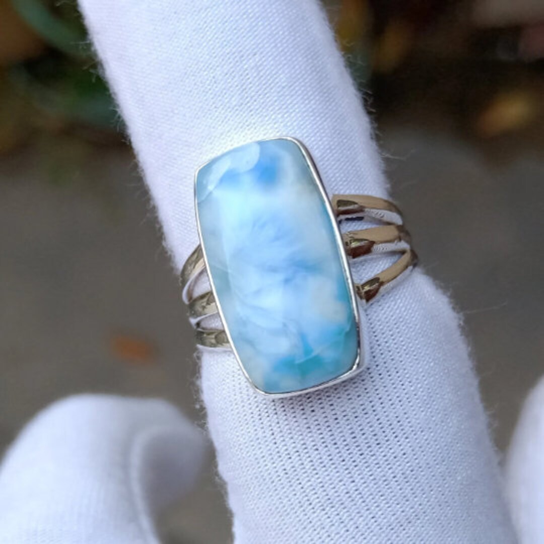 Genuine Larimar Ring, Natural Larimar 925 Sterling Silver Ring, Rectangle Shape Stone Ring ...