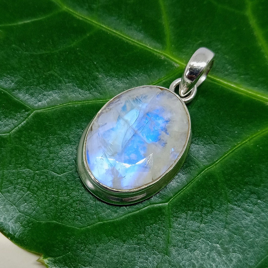 Oval Rainbow Moonstone Cut Stone Pendant, Solid 925 Sterling Silver ...