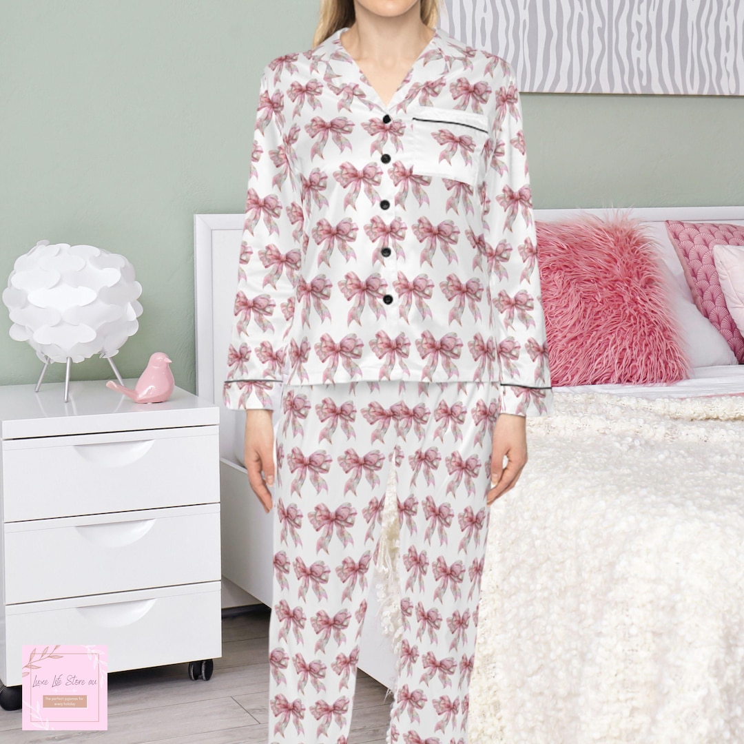 Women's Satin Pajamas, Pink Bow , Cute Pajama Set, Preppy Stuff, Room ...
