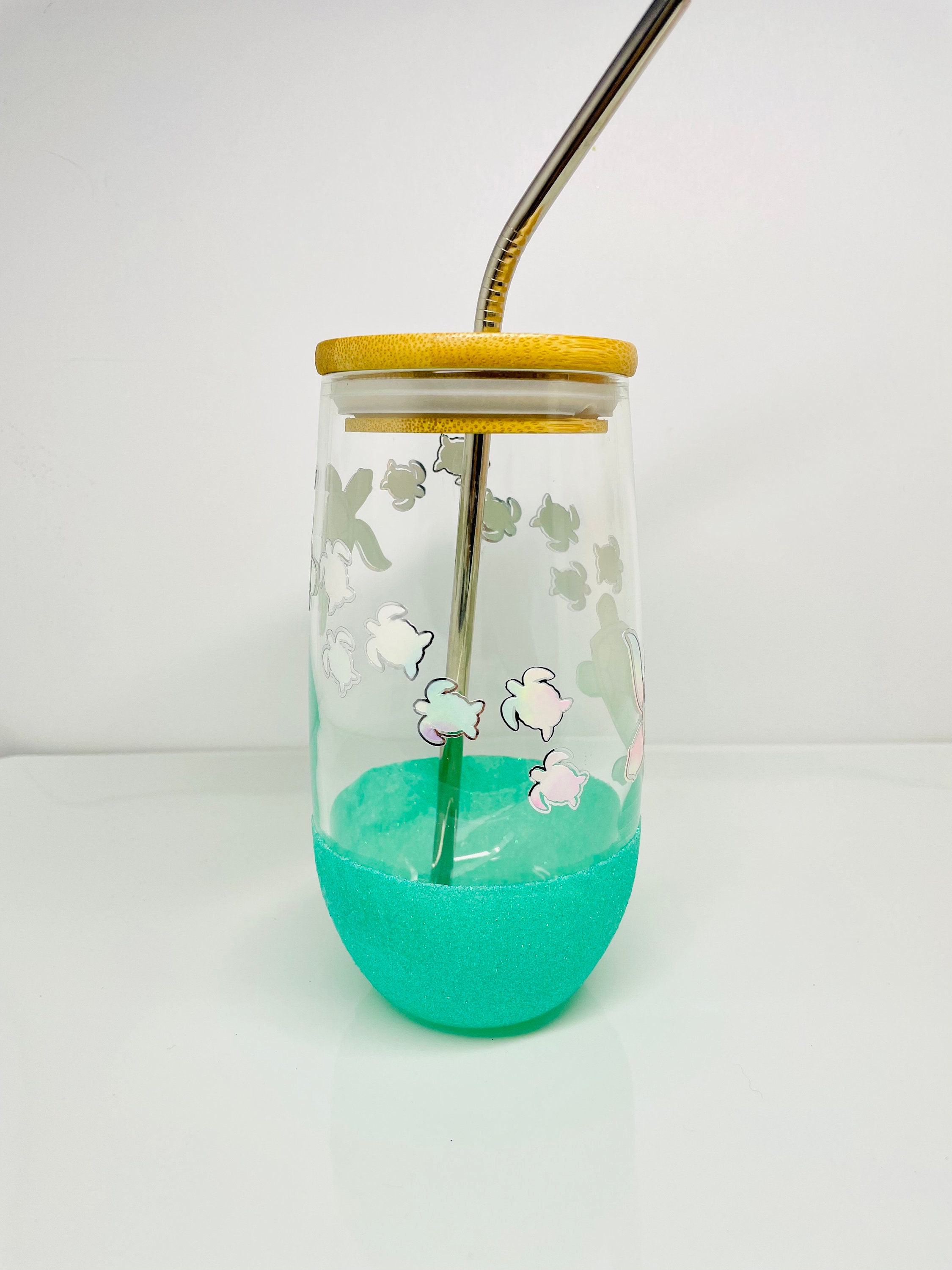Sea Turtle Glass, Highball Glass With Bamboo Lid and Metal Straw ...