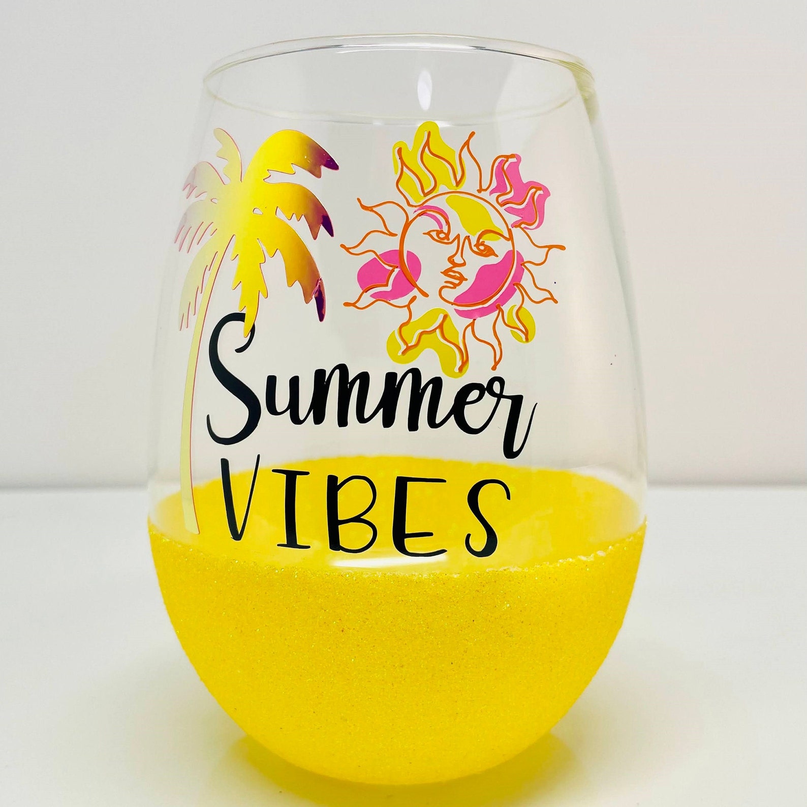 Summer Vibes Wine Glass Summer Wine Glass Glitter Wine - Etsy