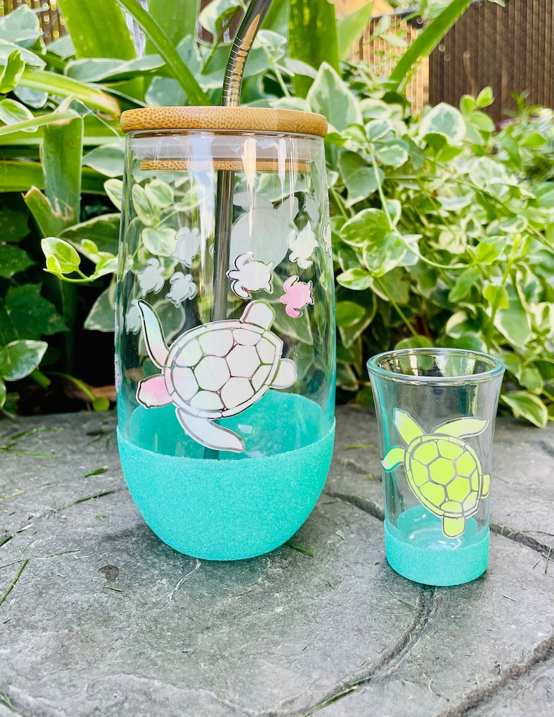 Sea Turtle Glass, Highball Glass With Bamboo Lid and Metal Straw ...