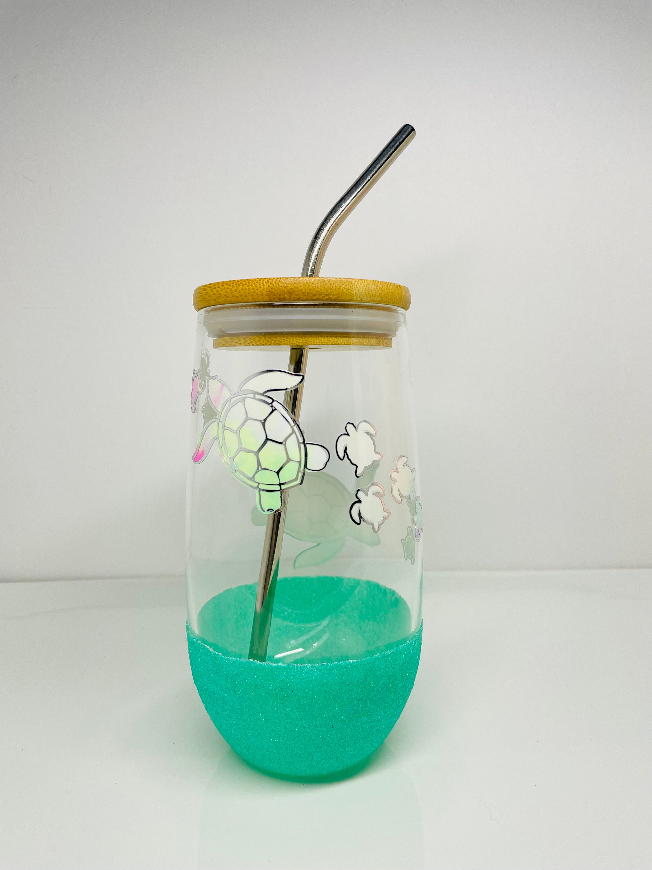 Sea Turtle Glass, Highball Glass With Bamboo Lid and Metal Straw ...