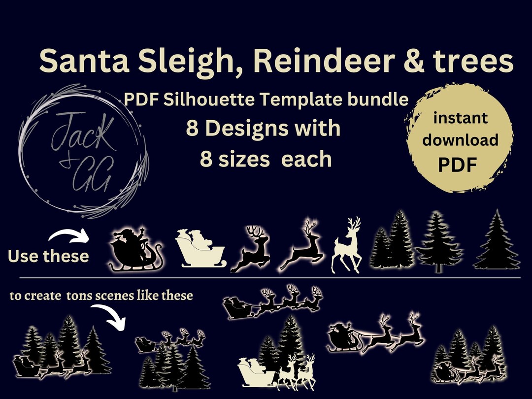 Life Size Santa Sleigh, Reindeer, Trees Silhouette Stencil Template 4ft ...
