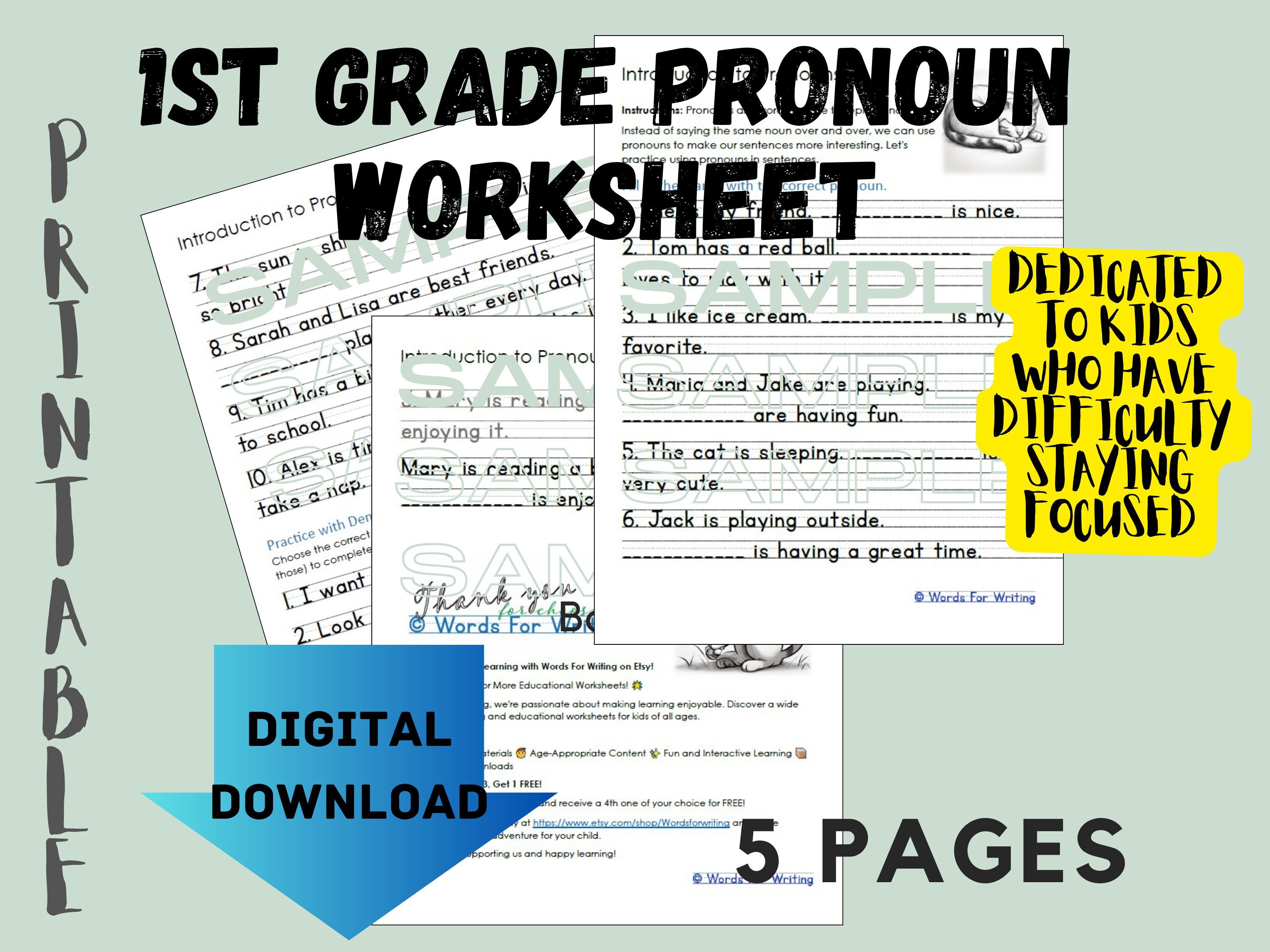 Printable Pronoun Worksheets for 1st Grade: 5-page Fill-in-the-blanks ...