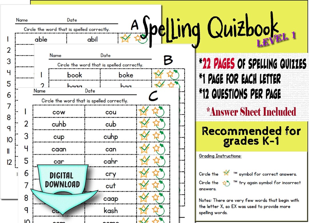 Engaging Spelling Quiz Workbook for Kids: Kindergarten, 1st, 2nd, 3rd ...