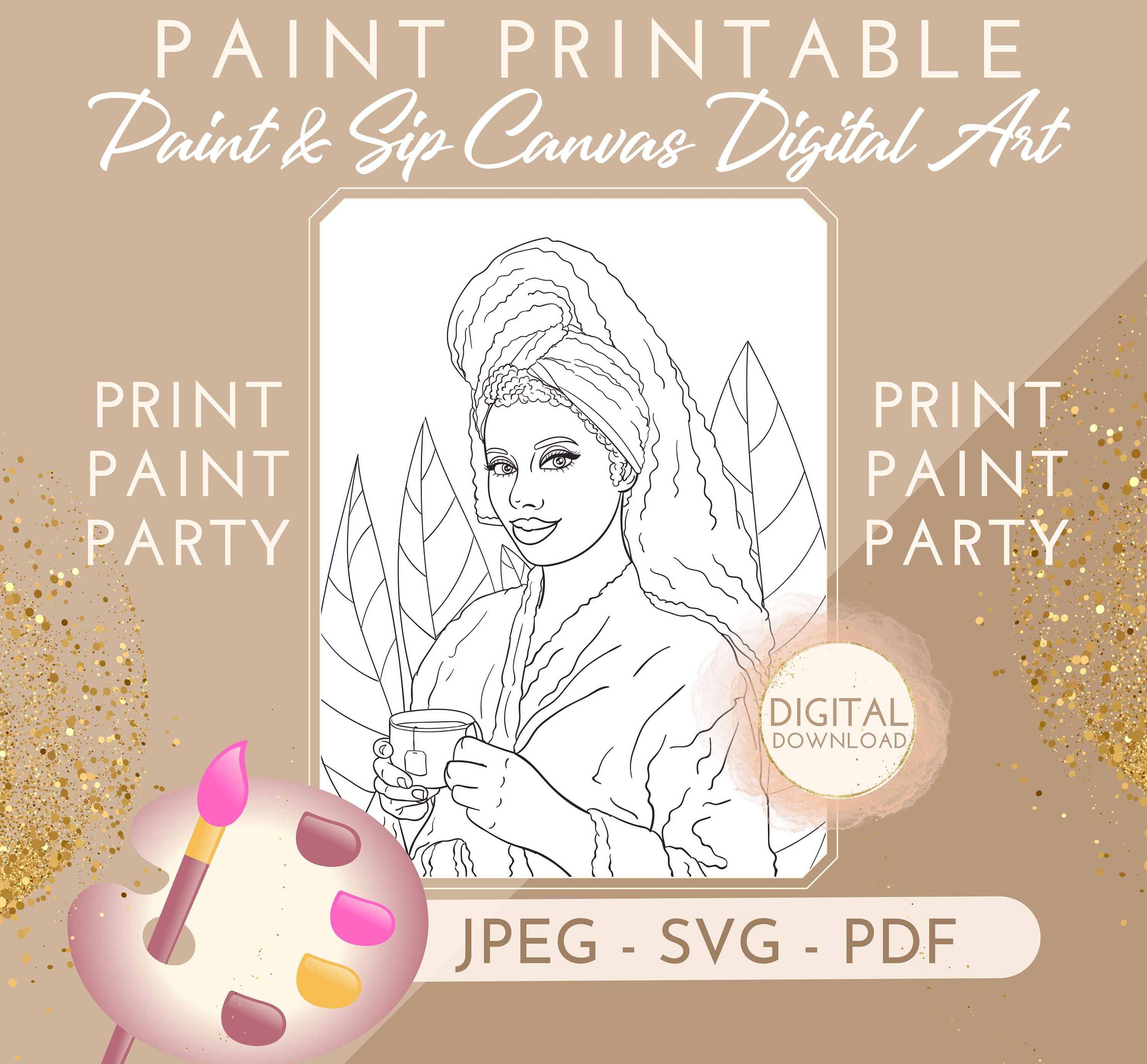 DIY Paint Party Outline, Paint and Sip Canvas: Woman With Tea, Relax ...