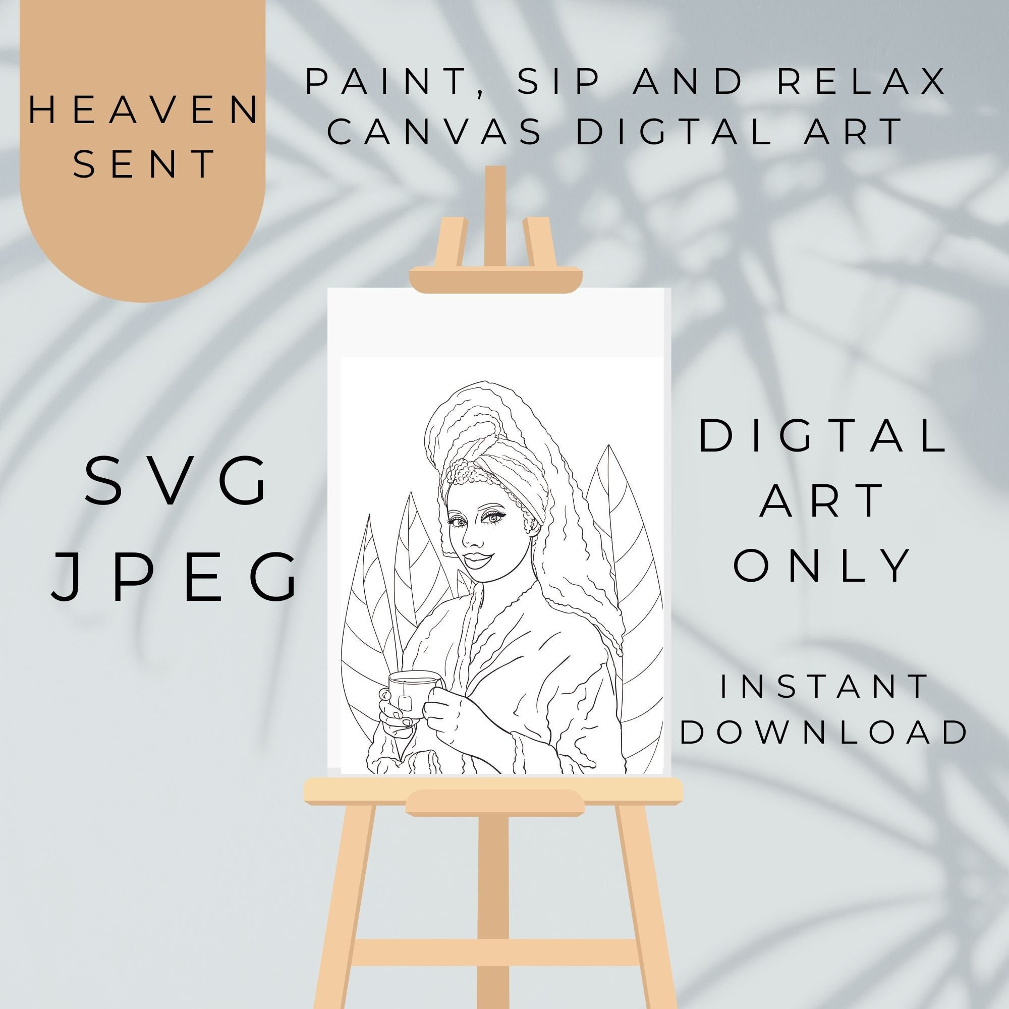 DIY Paint Party Outline, Paint and Sip Canvas: Woman With Tea, Relax ...