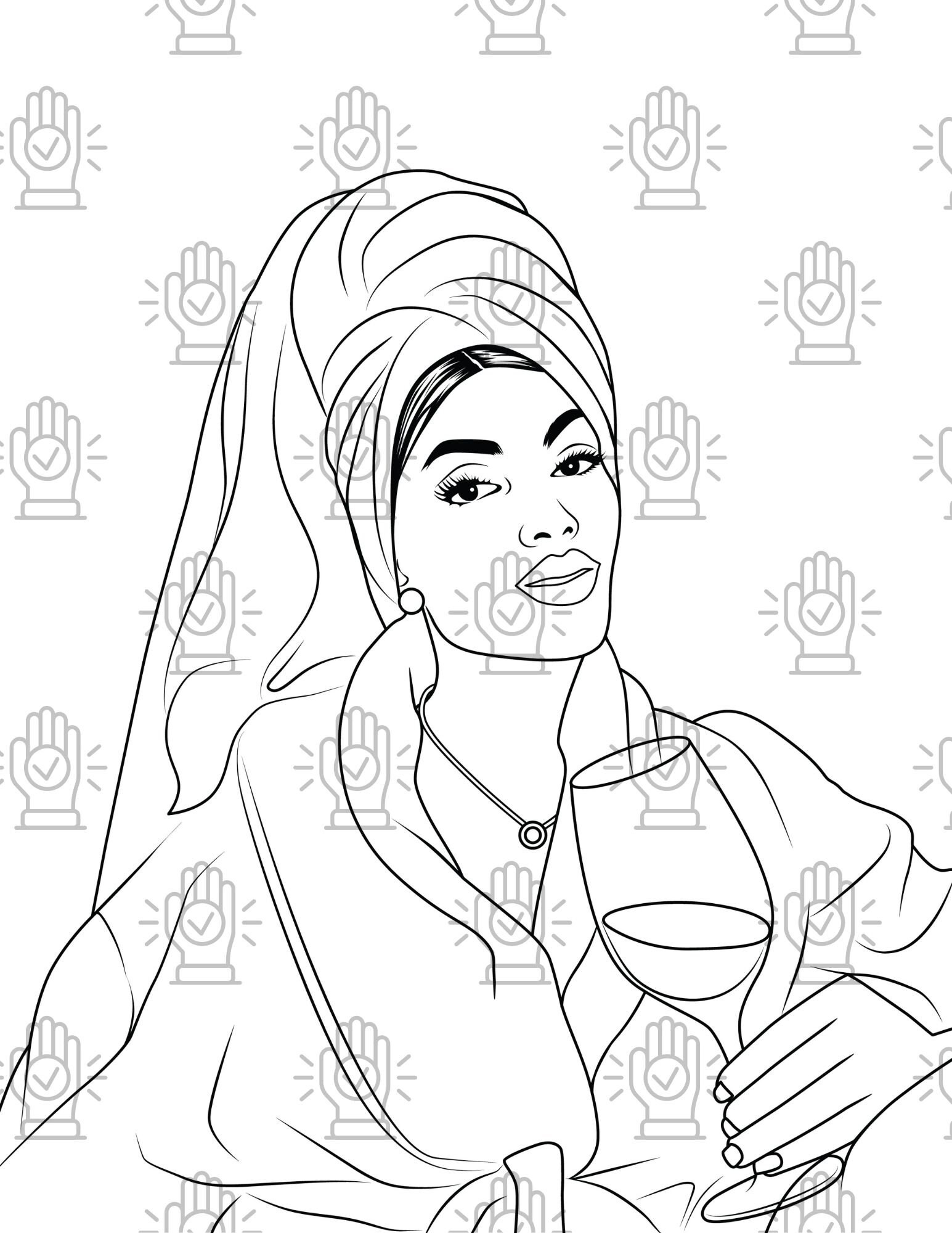 DIY Paint Party Outline, Woman With Towel Head Wrap With Glass JPEG ...