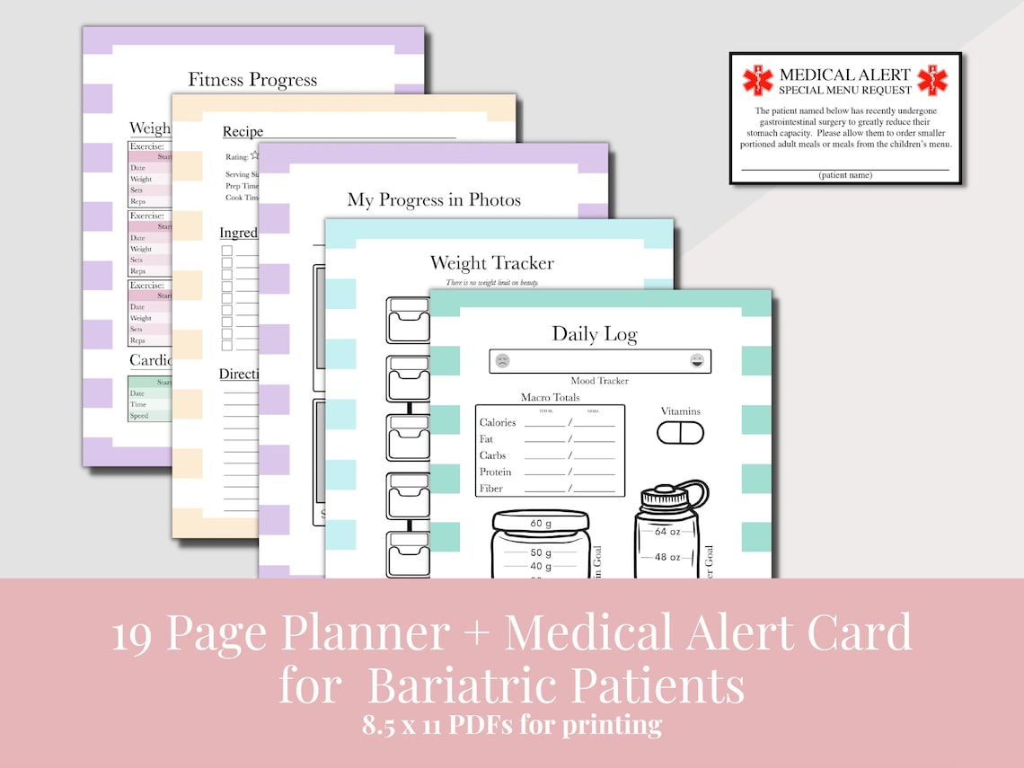 Printable Bariatric Planner Pages, Weight Tracker PDF, Food Log, Recipe ...