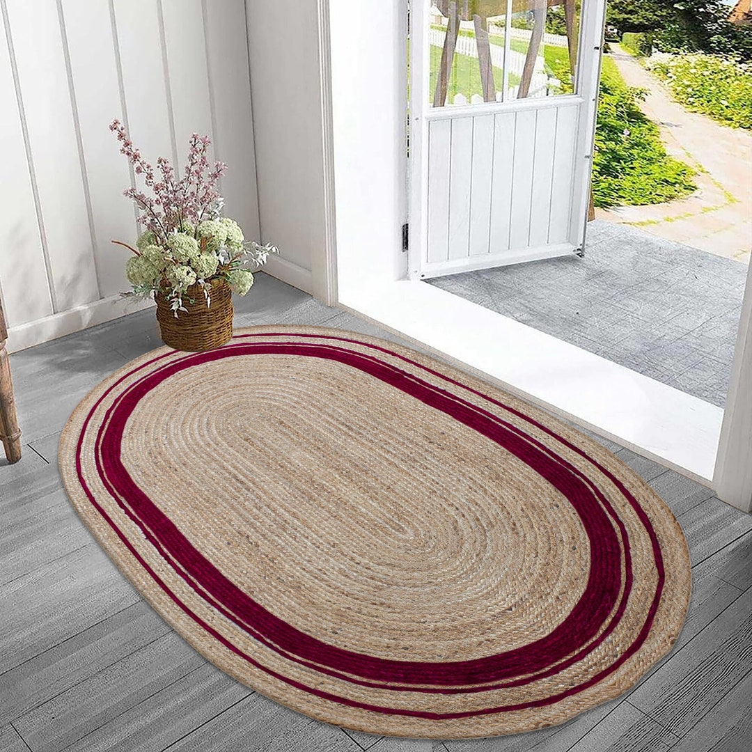 Hand Braided Oval Red Jute Rug Farmhouse Hallway Runner Area Rug Custom ...