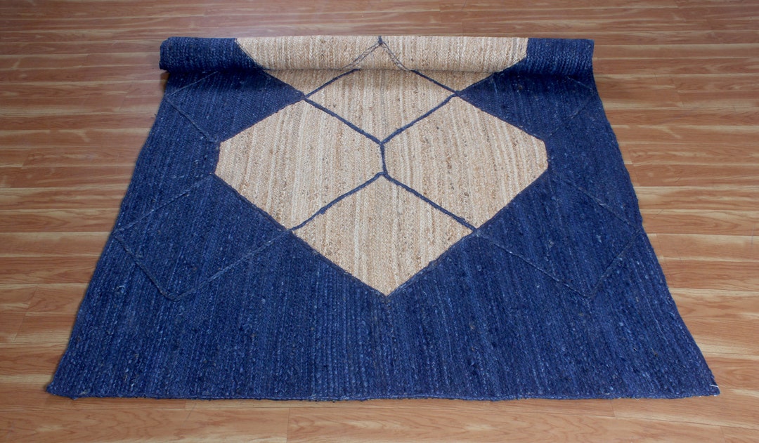 Blue Jute Rug Geometric Jute Area Rug Outdoor Doormat Boho Rug Natural ...