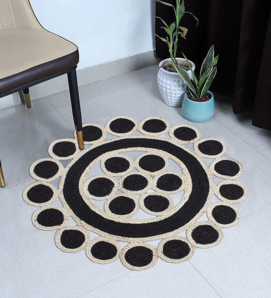 Handmade Jute Rug Round Scalloped Jute Area Rug Black Beige Jute Rug ...