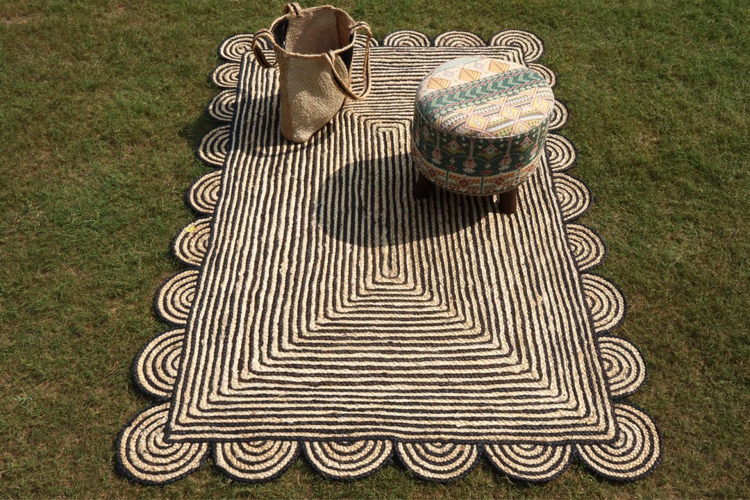 Scalloped Jute Black Runner Area Rug Handmade Jute Runners Hand-braided ...