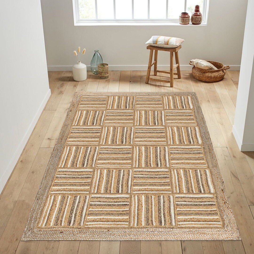 Indian Geometric Jute Rug Beige Fiber Jute Hand Braided Rug Living Room ...