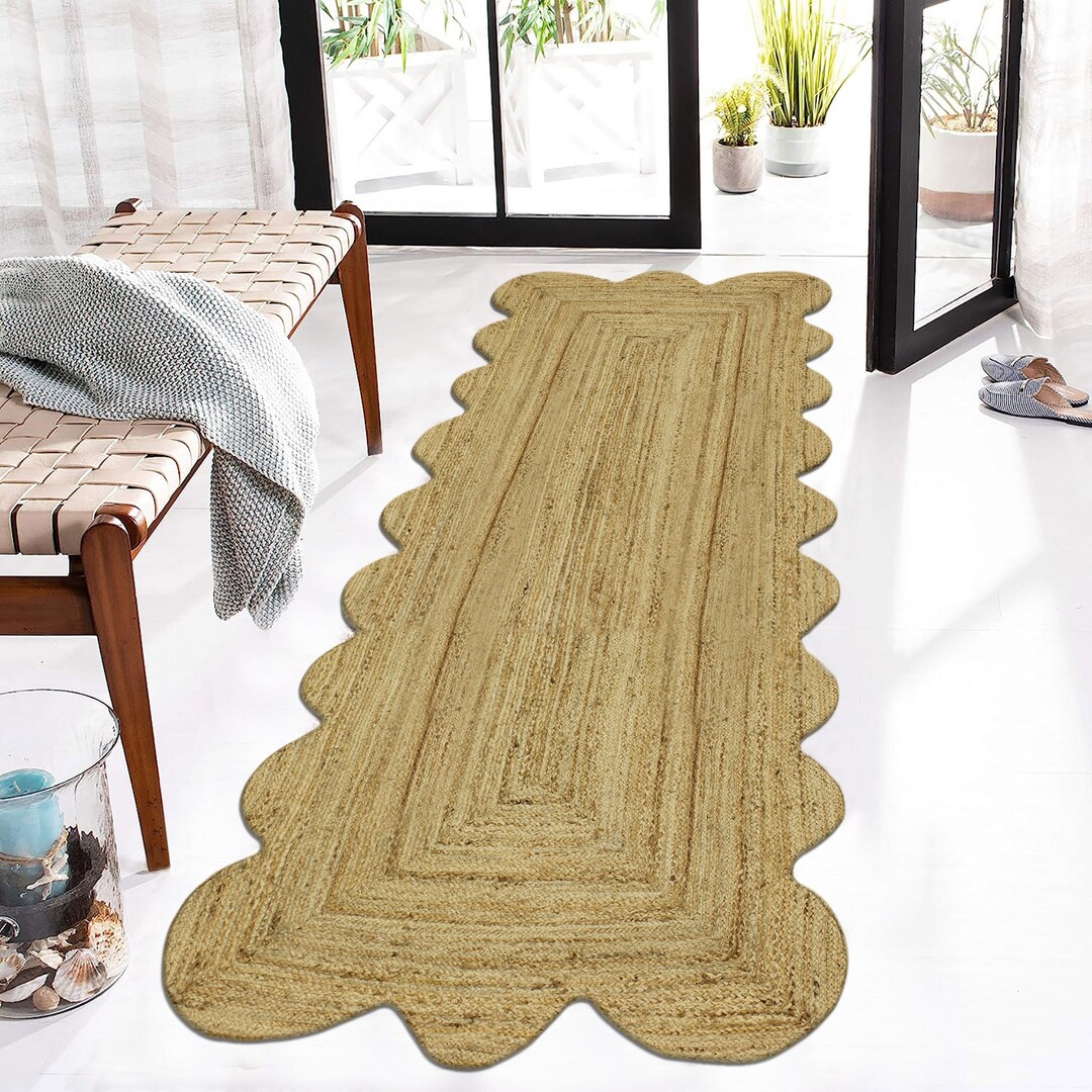 Braided Scalloped Natural Beige Jute Rug Decorative Scallop Natural ...