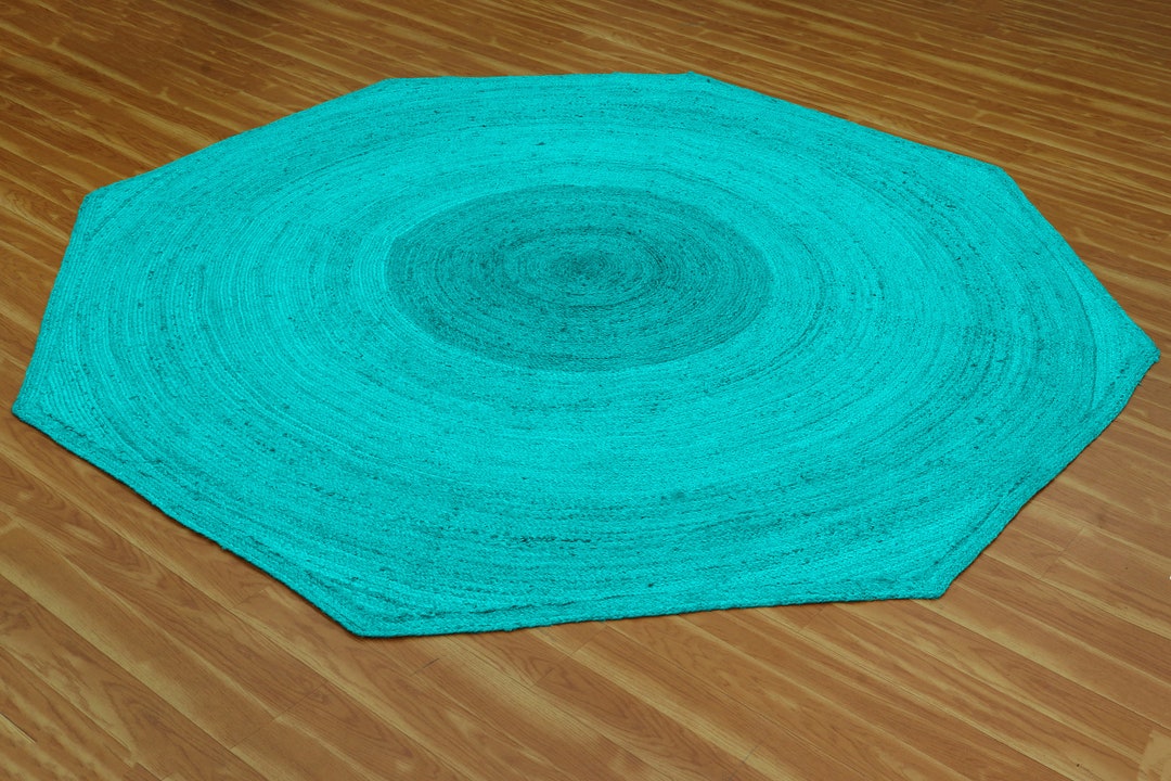 Handmade Jute Area Rug Turquoise Blue Living Room Rug Octagon Jute ...
