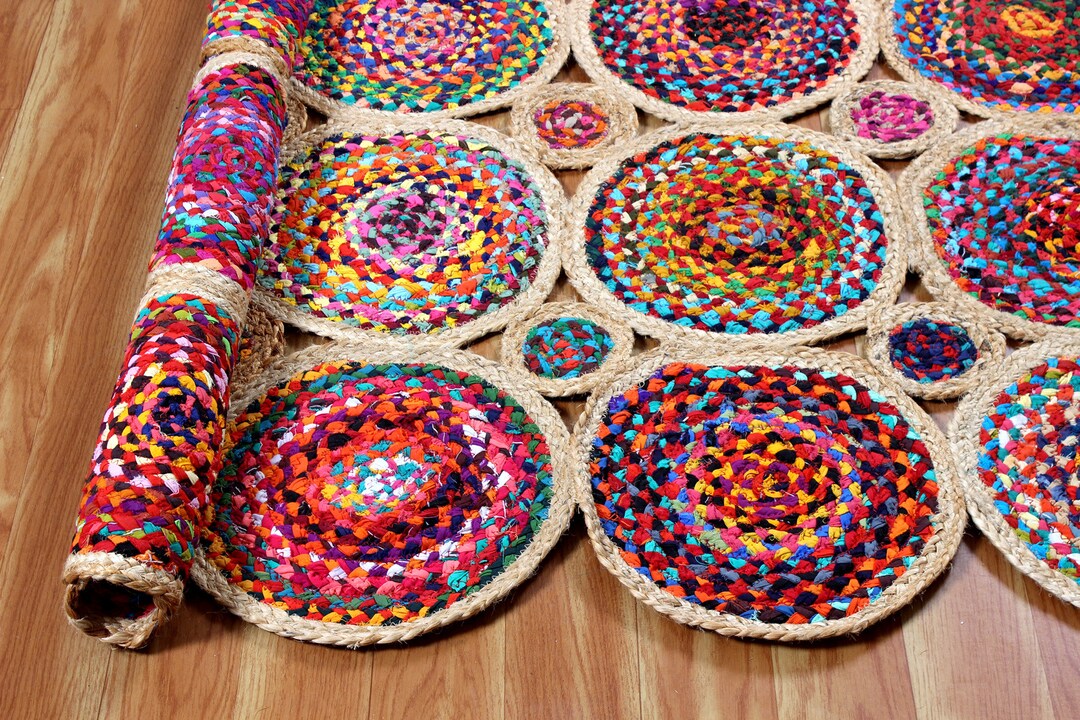 Handmade Multicolor Square Jute Cotton Area Rug Natural Scalloped Rug ...